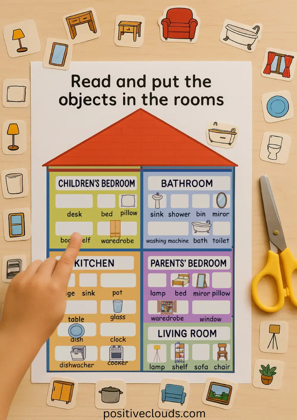 House Rooms and Objects Matching Worksheet – Printable Educational ...